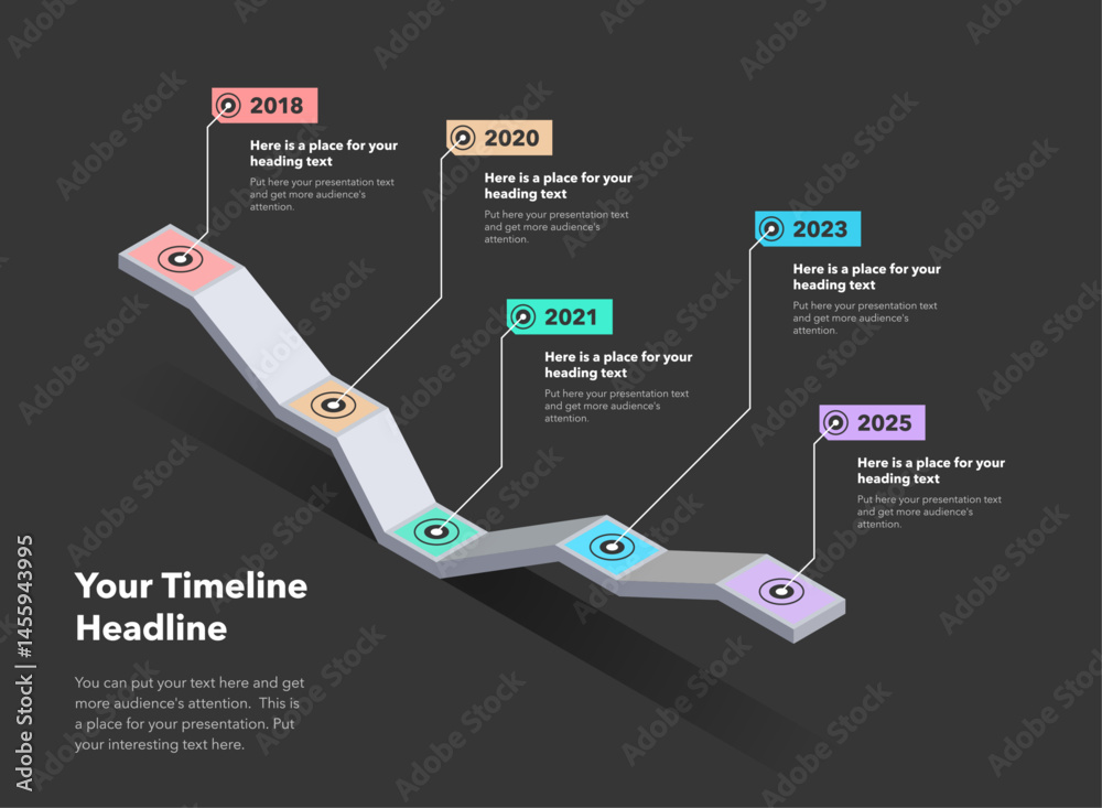 Isometric timeline infographic template with five steps - dark version. SImple chart design for ...