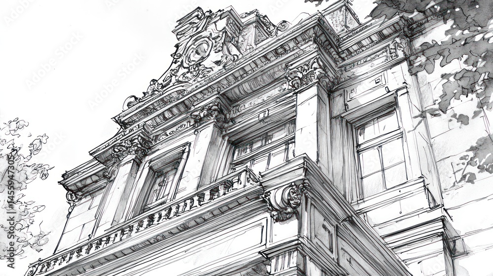Architectural Sketch: A Detailed Pen and Ink Drawing of an Ornate ...