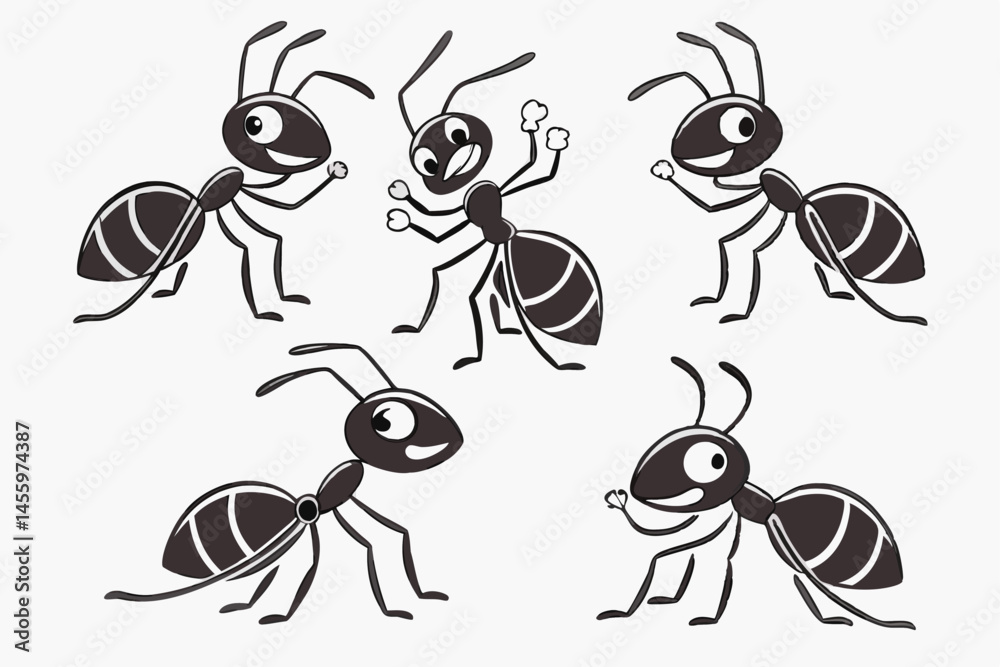 Cartoon Ants Group Illustration, Cute Black Insect Characters with ...