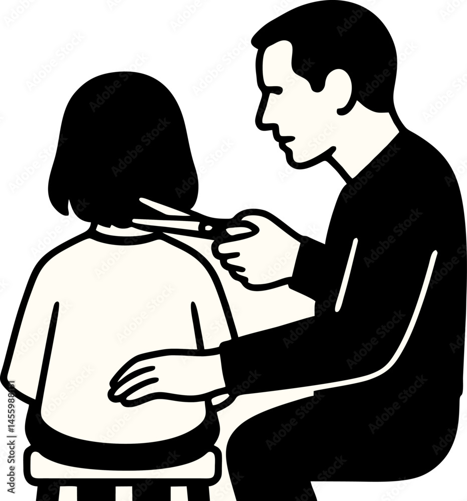 Father Trims Childs Hair At Home With Scissors In Simple Monochrome ...