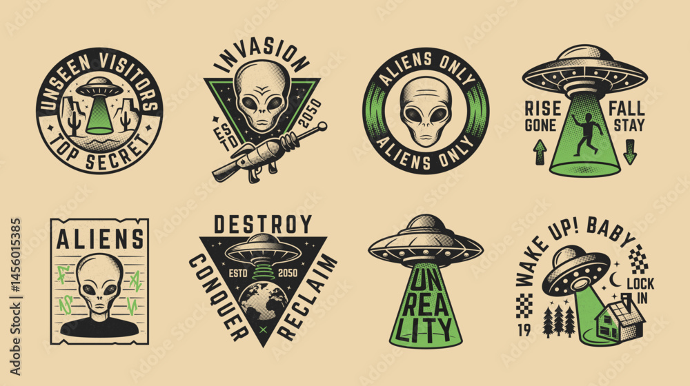 Vintage Aliens emblems. Emblems set for t-shirt print, apparel, sticker ...