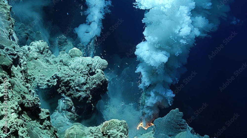 Deep sea hydrothermal vent emitting plumes of superheated water ...