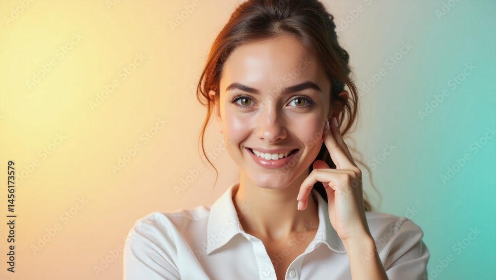 System D. Smiling distracted woman. Female woman model isolated ...