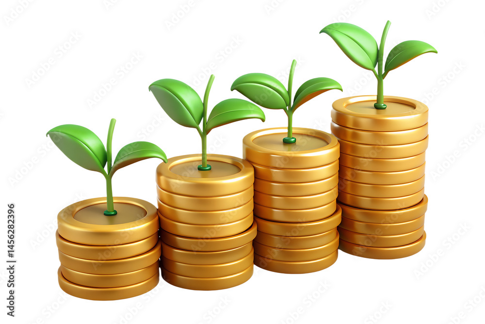 Golden coin stacks, Growing green plants, Financial growth concept ...