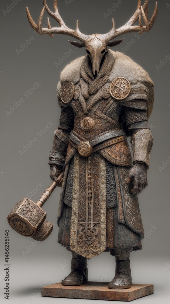 Fantasy warrior statue in ornate armor with antler helmet and giant ...