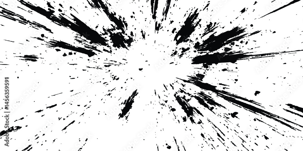 Abstract explosion, radial burst of ink splatter effect. Black ink ...