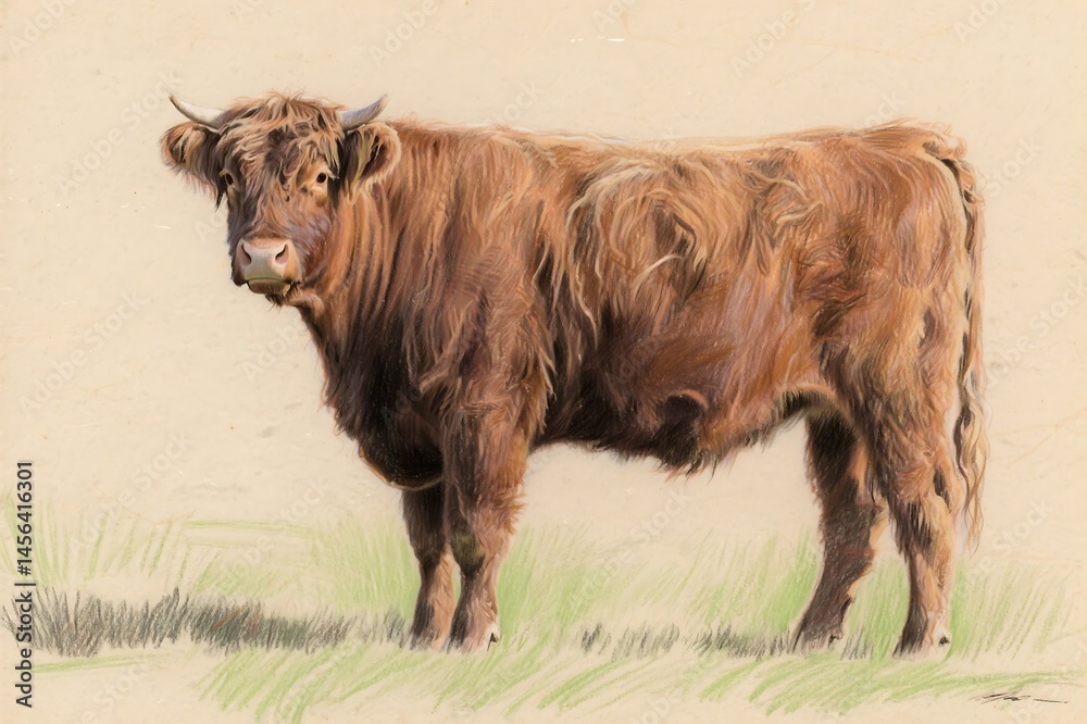 Cow drawing of a majestic brown highland cow suitable for farmthemed ...