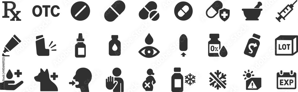Pharmacy, drug packaging glyph icon set. Vector pictograms of tablet ...