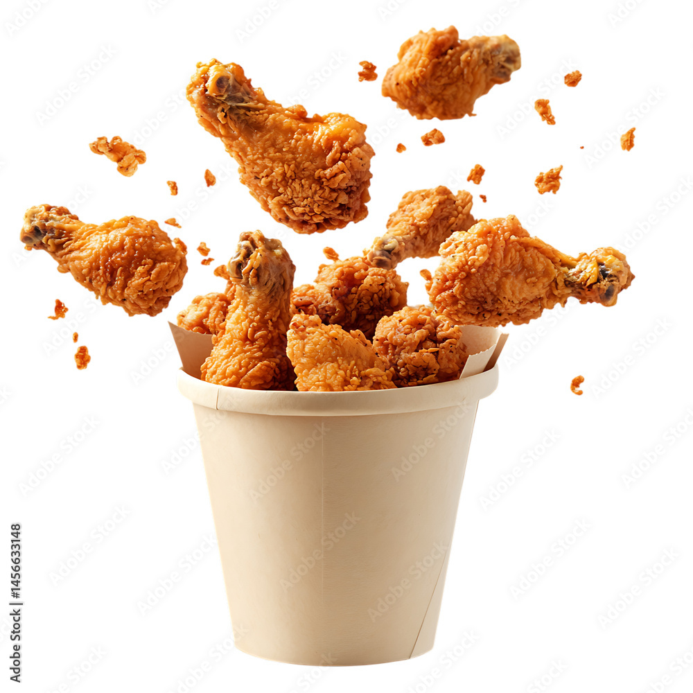 Fried chicken flying out of paper bucket Stock Photo | Adobe Stock