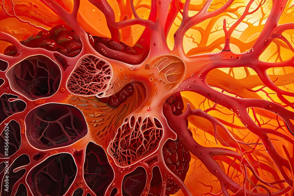 Detailed cross-section of human heart anatomy with labeled chambers and ...