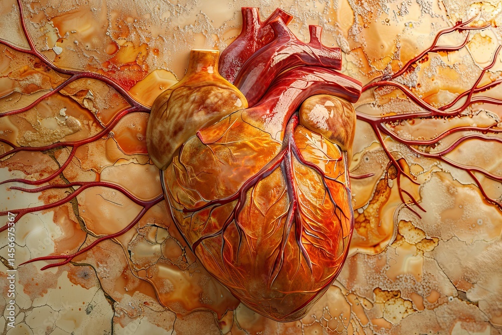 Detailed cross-section of human heart anatomy with labeled chambers and ...