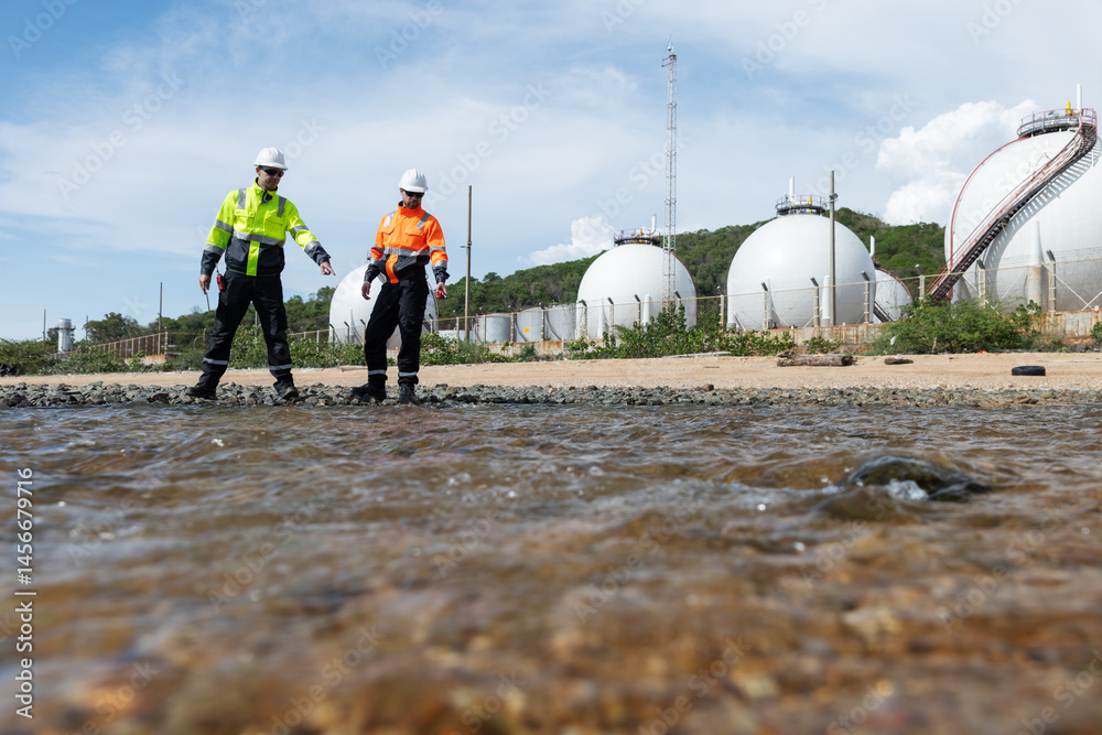 Two engineers wearing safety uniforms inspect water conditions near an ...