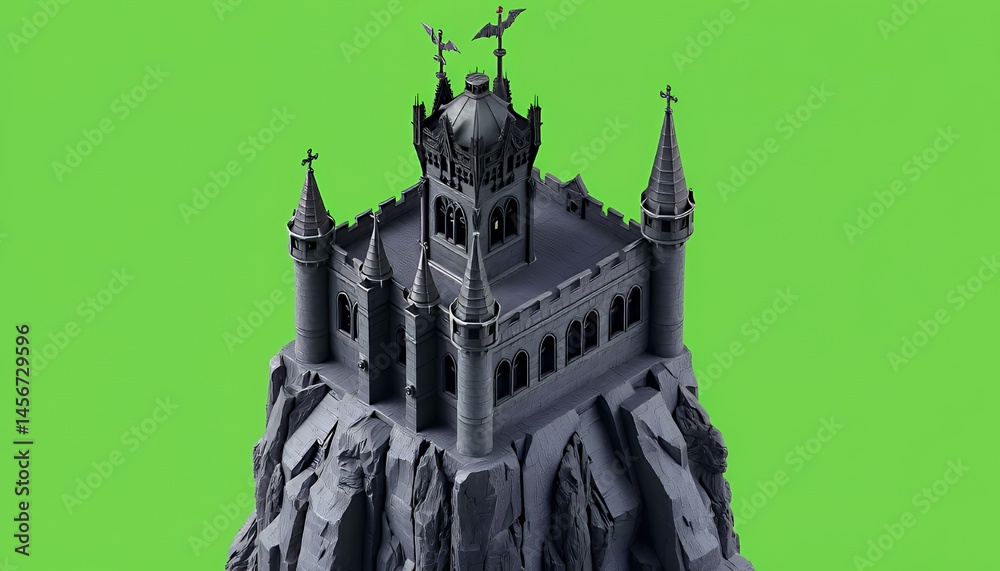 Isometric Gray Block Gothic Castle on Rocky Crag Isolated by Green ...