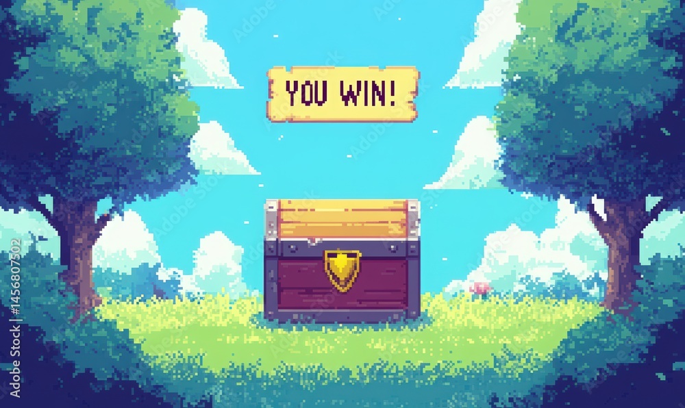 8-bit pixel art treasure chest with You Win text in retro game ...