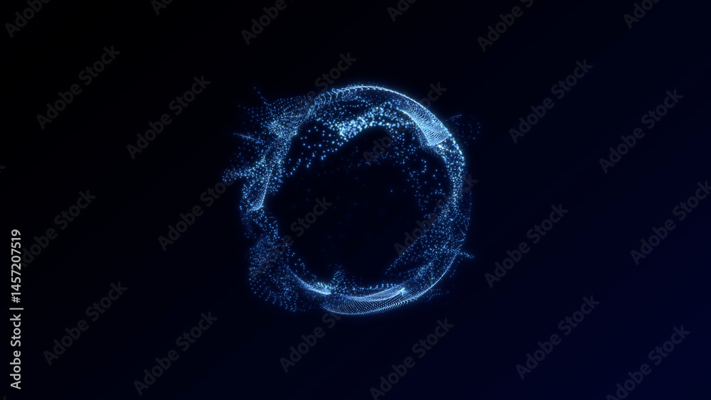 Digital blue particle sphere in motion, abstract 3D glowing data cloud ...
