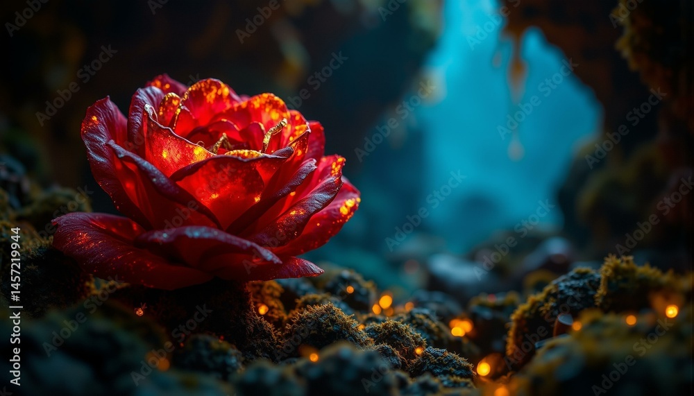 Petrified rose petals in amber, pyrite inclusions, glowing grotto ...