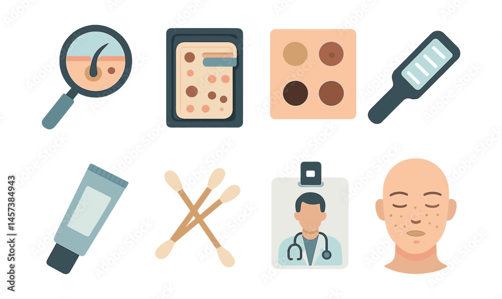 Dermatologist tools icons set – magnifying glass, skin chart, swab ...