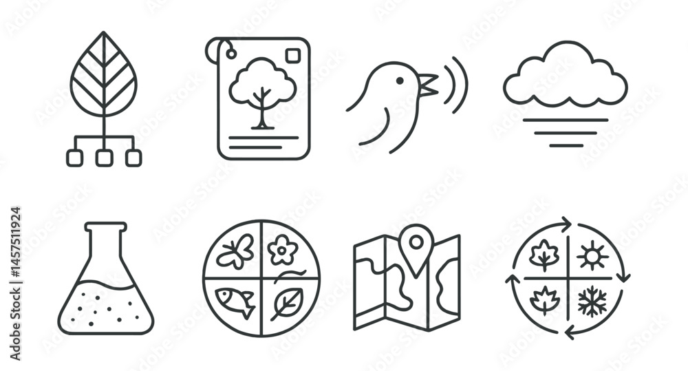 Line style icons of nature literacy: leaf structure chart, tree ID ...