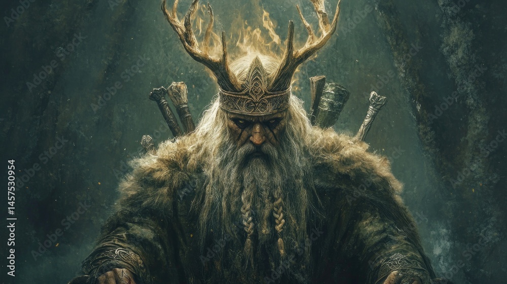Powerful Viking King With Burning Antlers. Fantasy Art With A Touch Of ...
