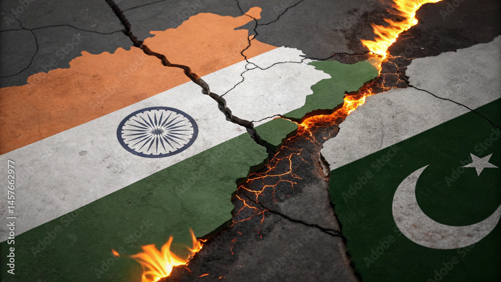Map of India and Pakistan divided in half with cracks and fire emerging ...