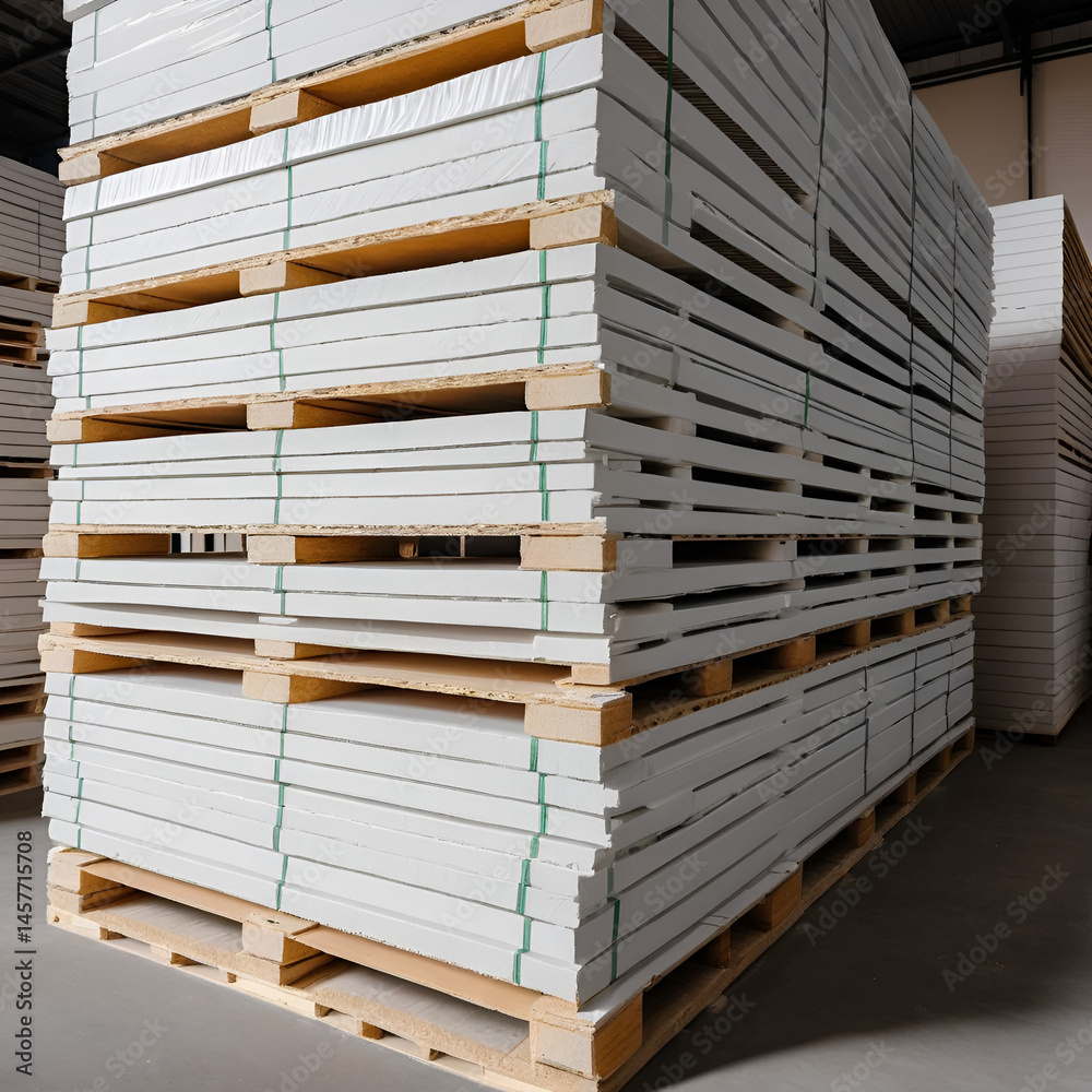 Pallet with plasterboard in the building store. Warehouse with ...
