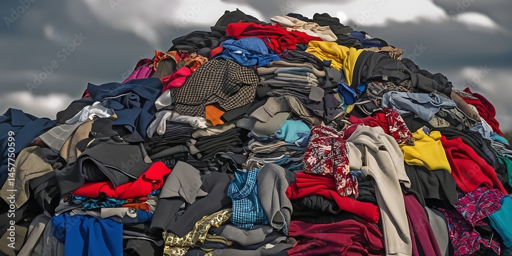 Massive pile of discarded clothing under cloudy sky represents fast ...