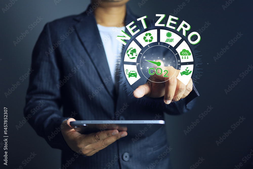 Carbon dioxide net zero emission concept with businessman pointing on ...