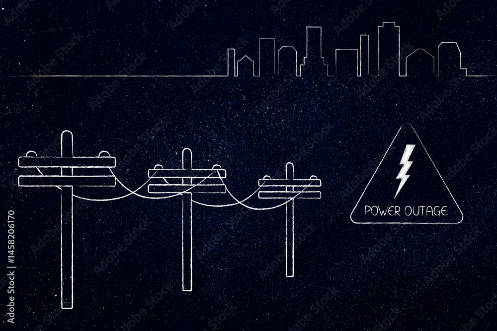 electric pylons and power outage sign with skyline, energy grid failure ...
