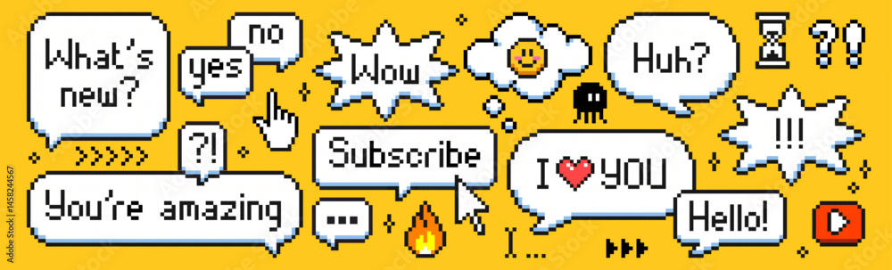 Pixel speech bubble set with retro phrases - 8 bit style chat boxes ...