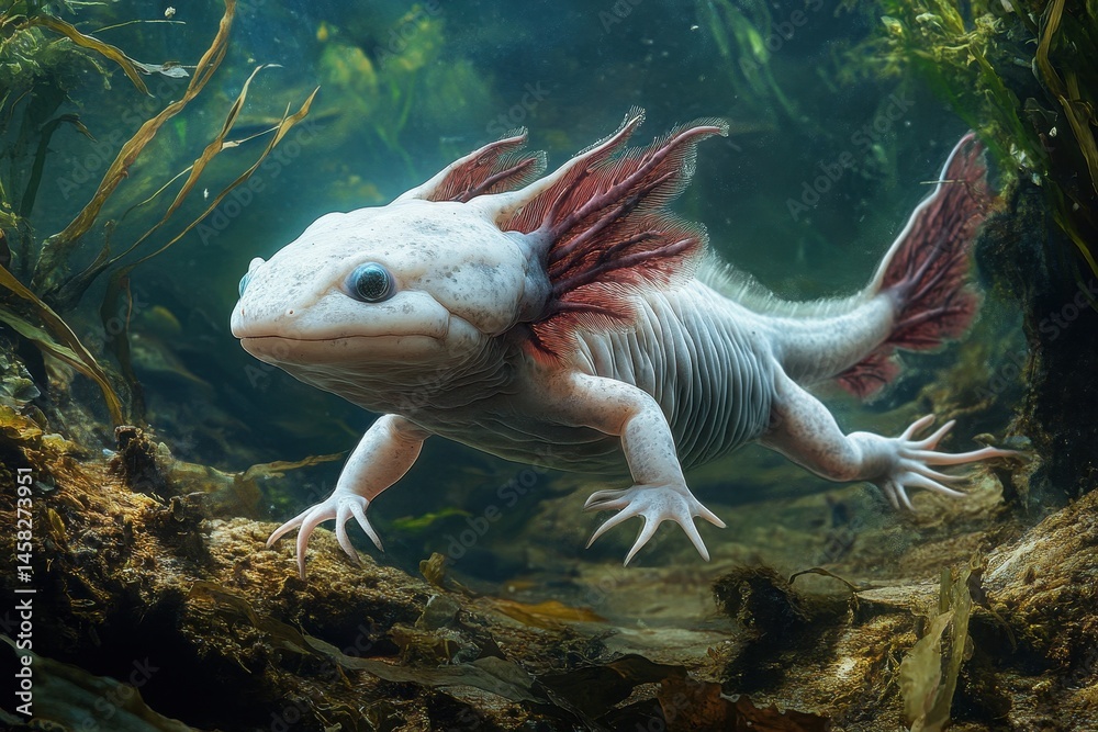 Colorful axolotl swimming in a lush underwater habitat during daylight ...