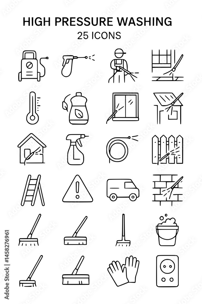 Power washing line icon set. Vector pictograms of washer machine, deck ...