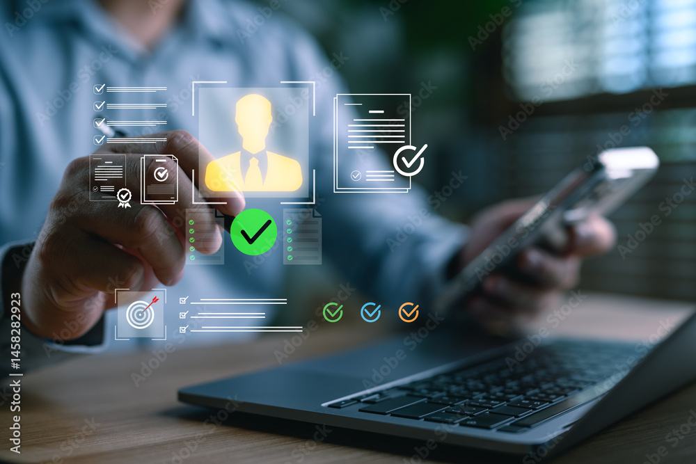 A businessman using smart technology to verify digital identity, KYC documents, and approve ...