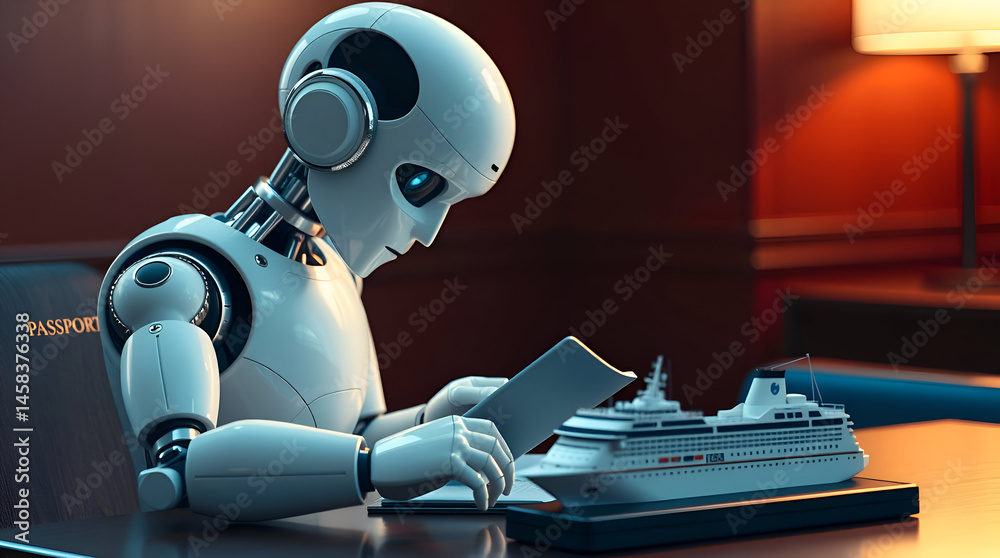 Traveling on Cruise, Ticket and Passport Checker, A white humanoid ...