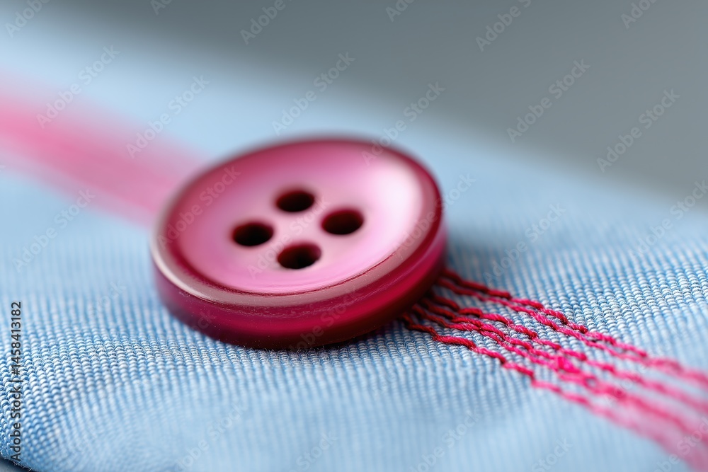 Pink sewing button on fabric. textile detail for fashion and garment ...