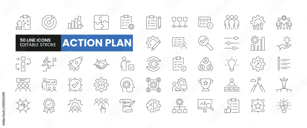 Stock-Vektorgrafik „Set of 50 Action Plan line icons set. Action Plan ...