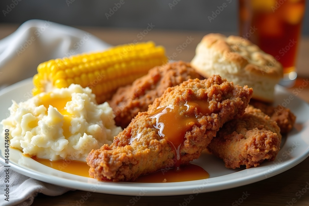 Delicious southern fried chicken meal with sides of cornbread mashed ...