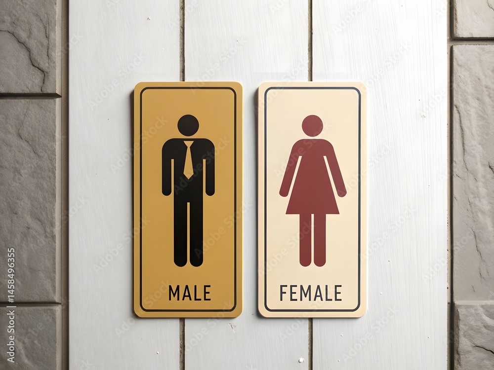 Restroom gender signs – male and female toilet icons with suit and ...