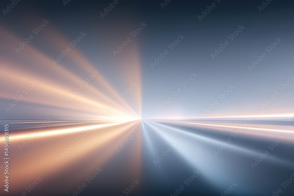 Abstract beams of light radiate from a central point, creating a ...