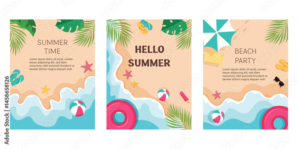 Hello summer beach clipart poster set. Summer greeting text in seaside ...