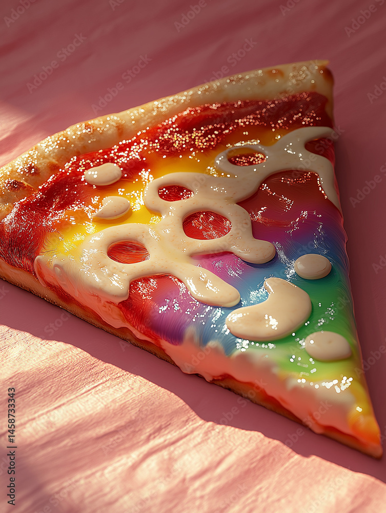 A surreal slice of pizza painted in glossy rainbow colors with drizzled ...