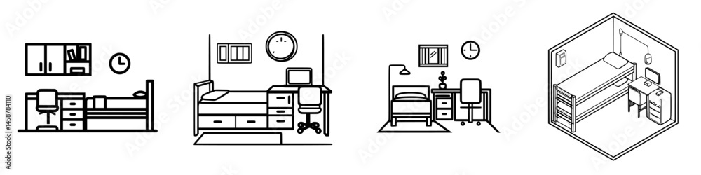Dormitory room design icons highlighting different furniture ...