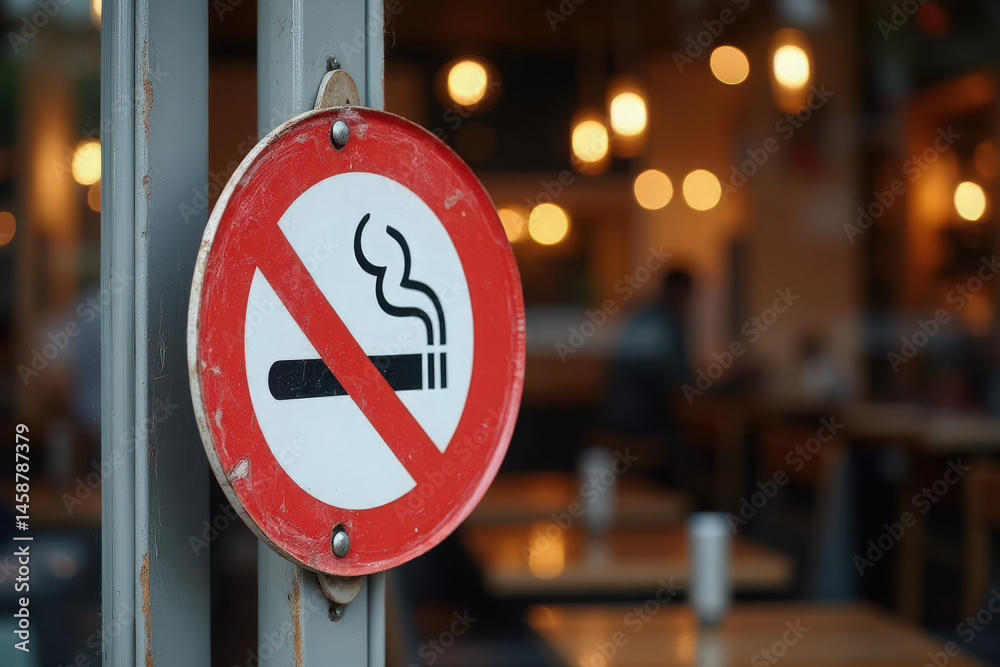 No smoking sign outside cafe. Red circle, crossed-out cigarette ...