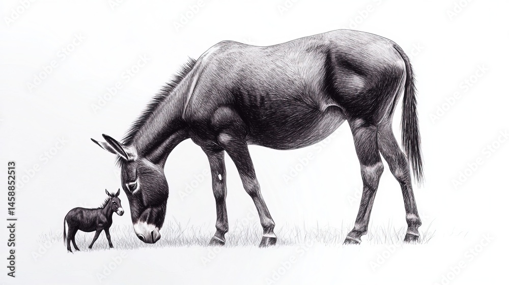 Detailed pencil drawing of two donkeys in a rural scene. Stock ...