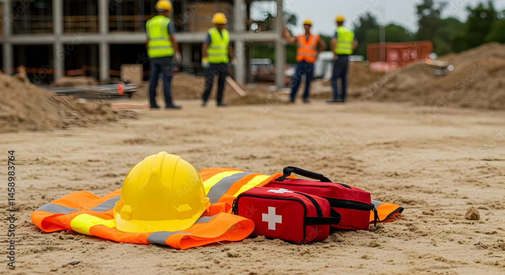 Construction Site Safety First Aid Kit and Helmet Ensuring Workplace ...