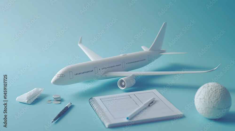 Airplane model with notebook and pen on a light blue surface in a ...