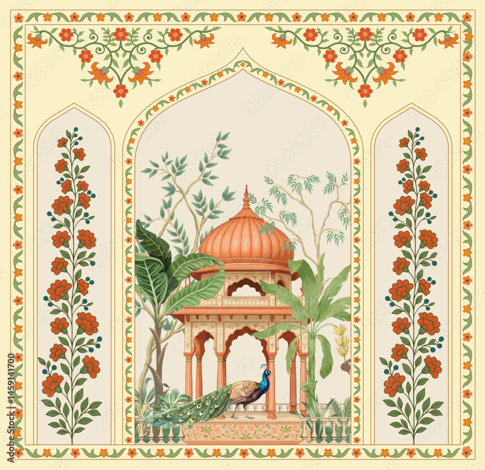 Traditional Mughal wallpaper with flower wall design. Luxury Mughal ...