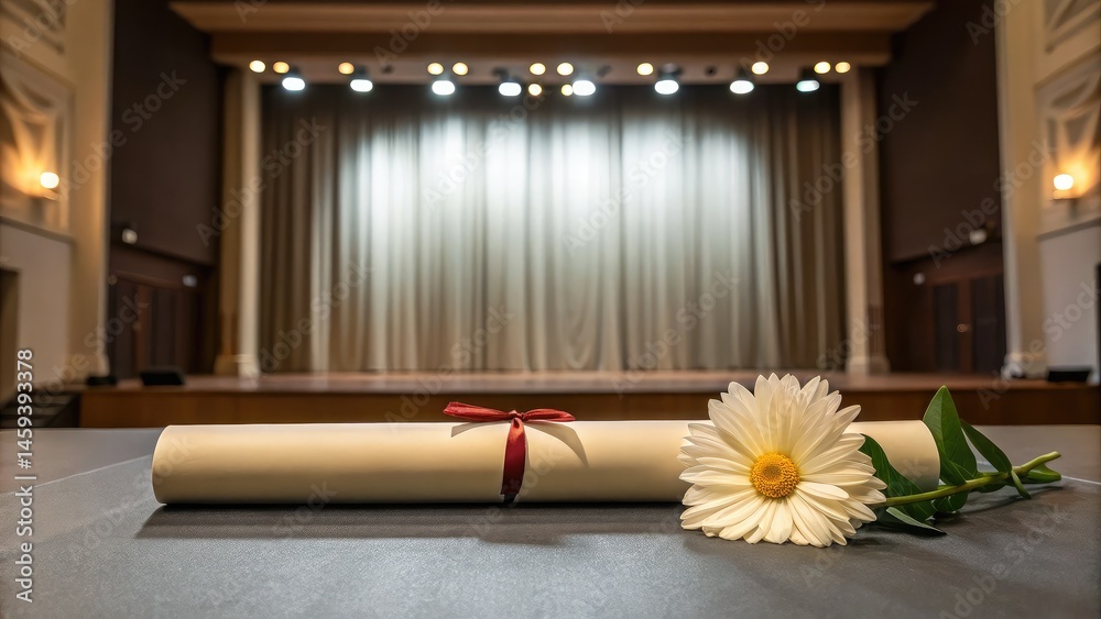 graduation ceremony certificate emotion. Diploma and flower on a stage ...