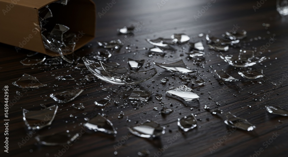 Shattered Glass and Cardboard Debris - Broken glass pieces scattered on ...