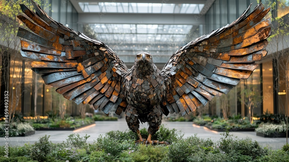 A dynamic scrap metal eagle with wings spread wide, made from layered ...