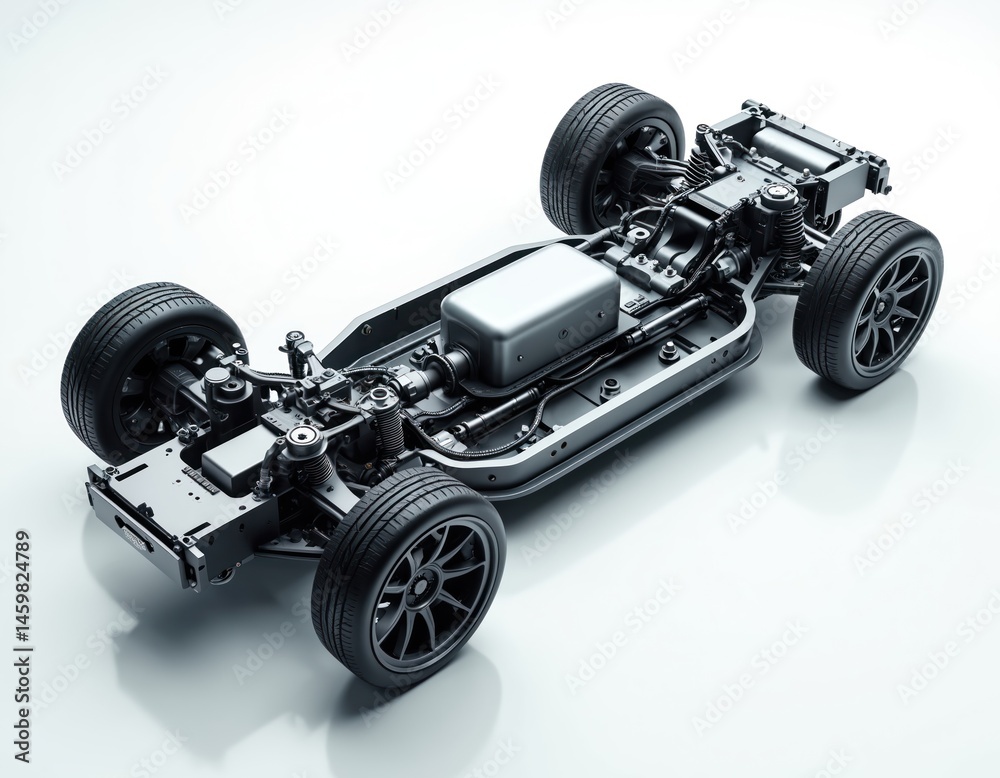 3D rendering of electric vehicle chassis with battery pack. Cutaway ...